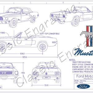1968 Mustang Convertible "blueprint Drawing" Unframed Color Poster ...