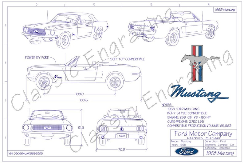 1968 Mustang Convertible "blueprint Drawing" Unframed Color Poster ...