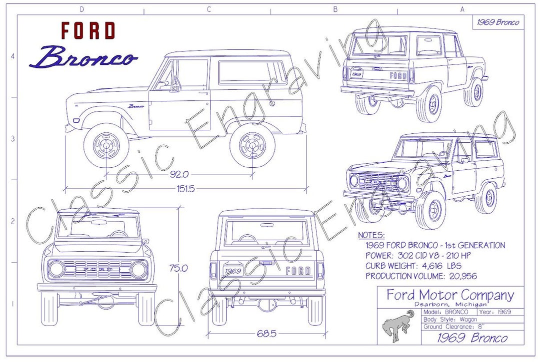 1969 Ford Bronco "blueprint Drawing" Unframed Color Poster Print - Etsy