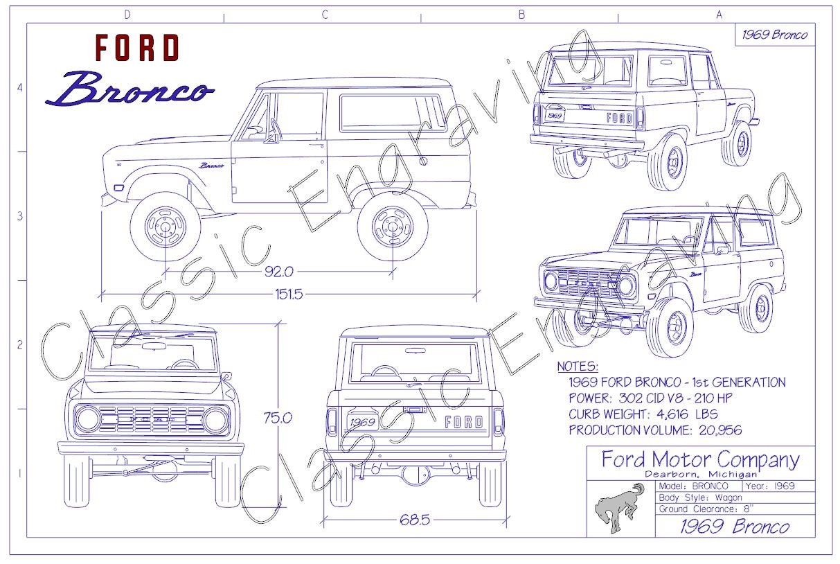 1969 Ford Bronco "blueprint Drawing" Unframed Color Poster Print - Etsy