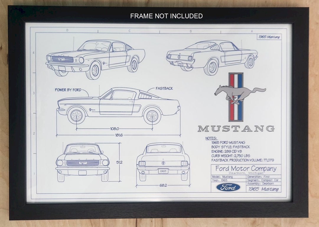 1965 Mustang Fastback "blueprint Drawing" Unframed Color Poster Print ...