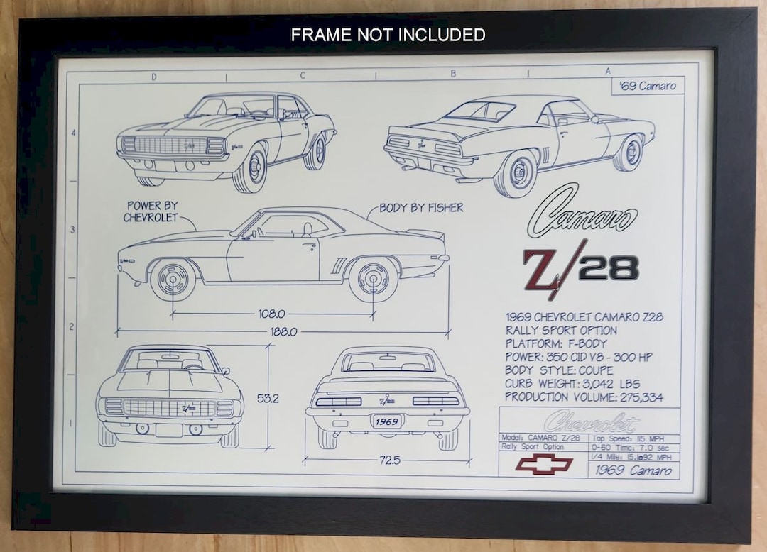 1969 Camaro Z28 blueprint Drawing Unframed Color Poster Print - Etsy