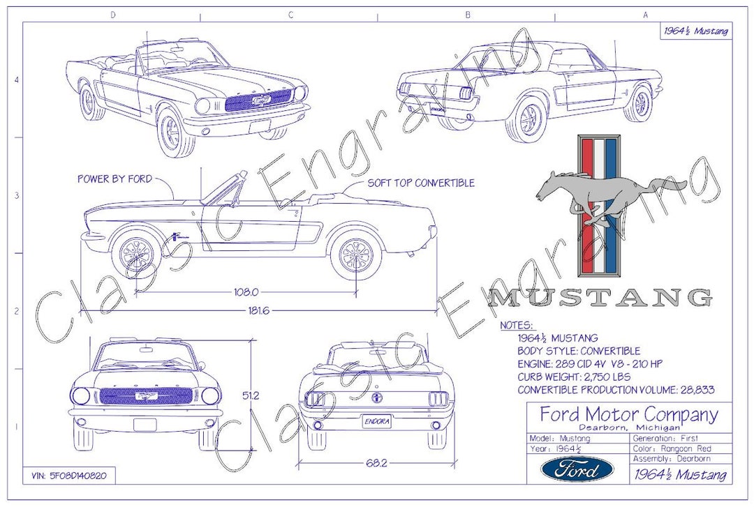 1964 1/2 Mustang Convertible "blueprint Drawing" Unframed Color Poster ...