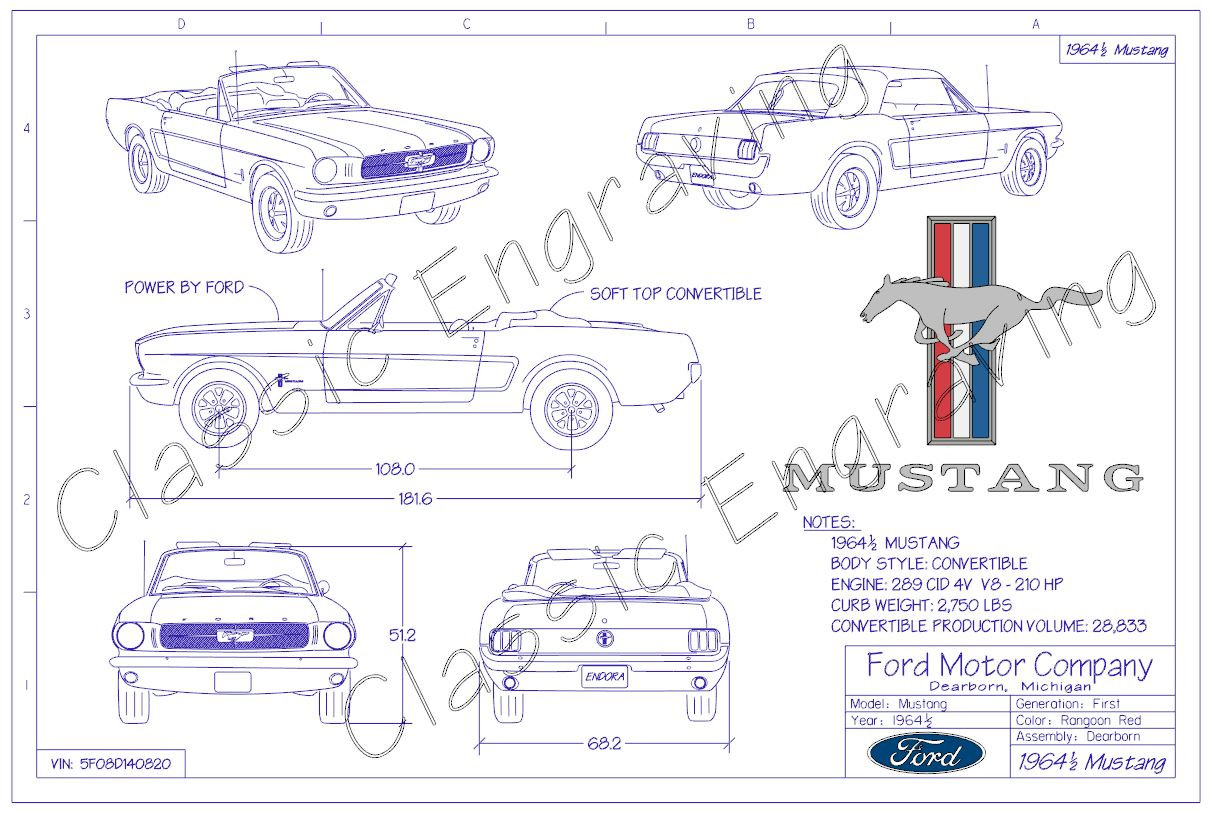 1964 1/2 Mustang Convertible "blueprint Drawing" Unframed Color Poster ...
