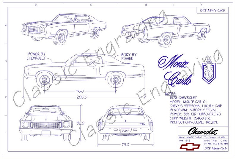 1972 Monte Carlo "blueprint Drawing" Unframed Color Poster Print - Etsy