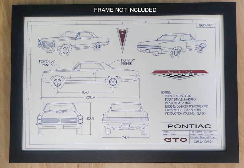 1965 Pontiac GTO "blueprint Drawing" Unframed Color Poster Print - Etsy