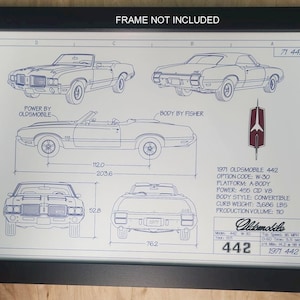 1971 Olds 442 Convertible "blueprint Drawing" Unframed Color Poster ...