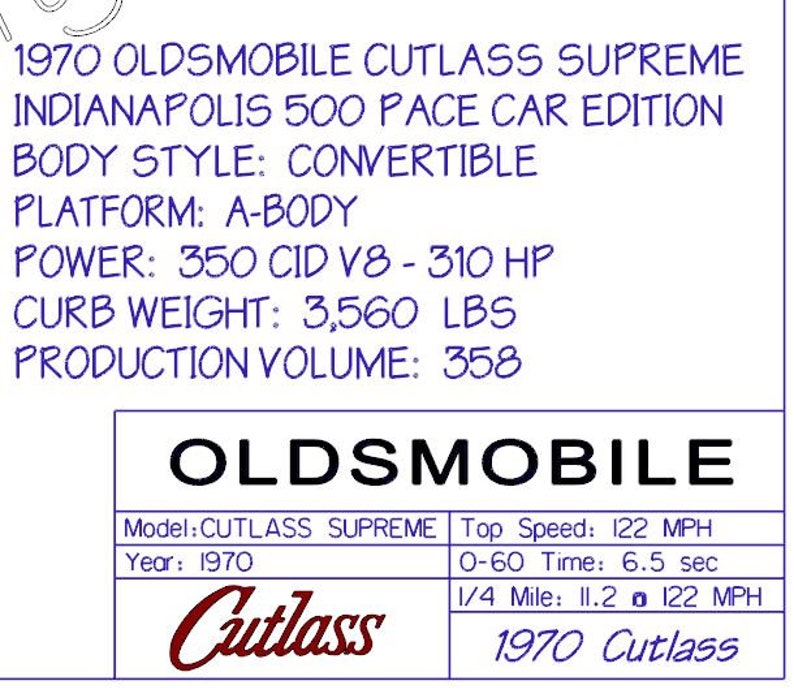 1970 Olds Cutlass Indy Pace Car blueprint Drawing Unframed Color Poster ...