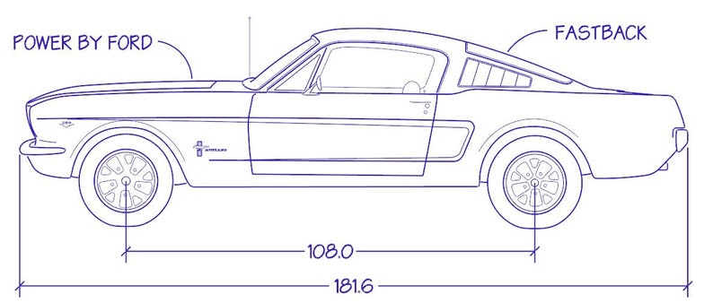 1966 Mustang Fastback "blueprint Drawing" Unframed Color Poster Print ...