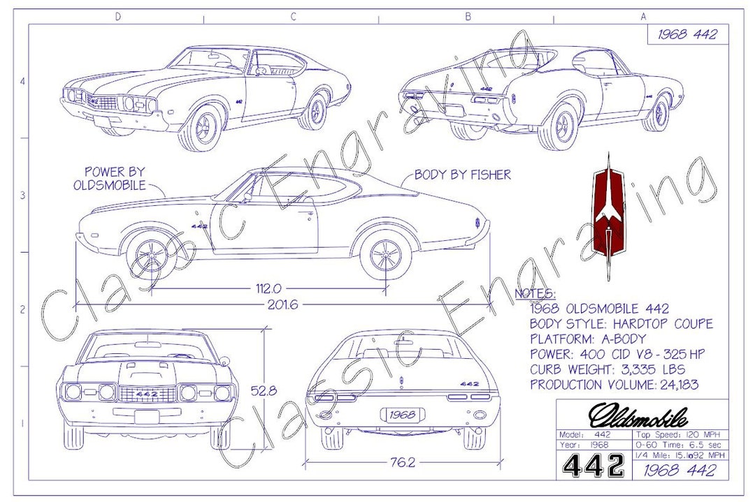 1968 Olds 442 "blueprint Drawing" Unframed Color Poster Print - Etsy