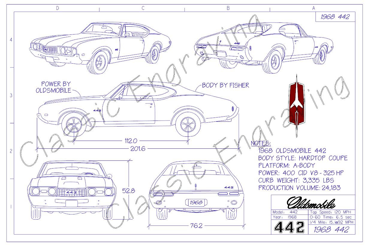 1968 Olds 442 "blueprint Drawing" Unframed Color Poster Print - Etsy