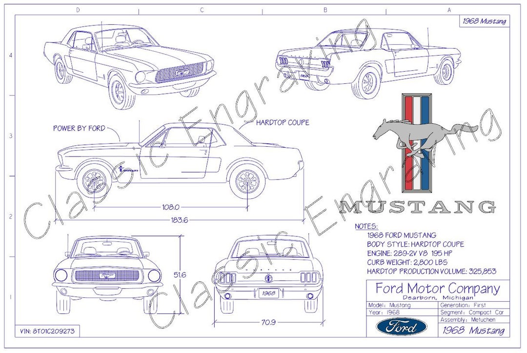 1968 Mustang Coupe "blueprint Drawing" Unframed Color Poster Print - Etsy