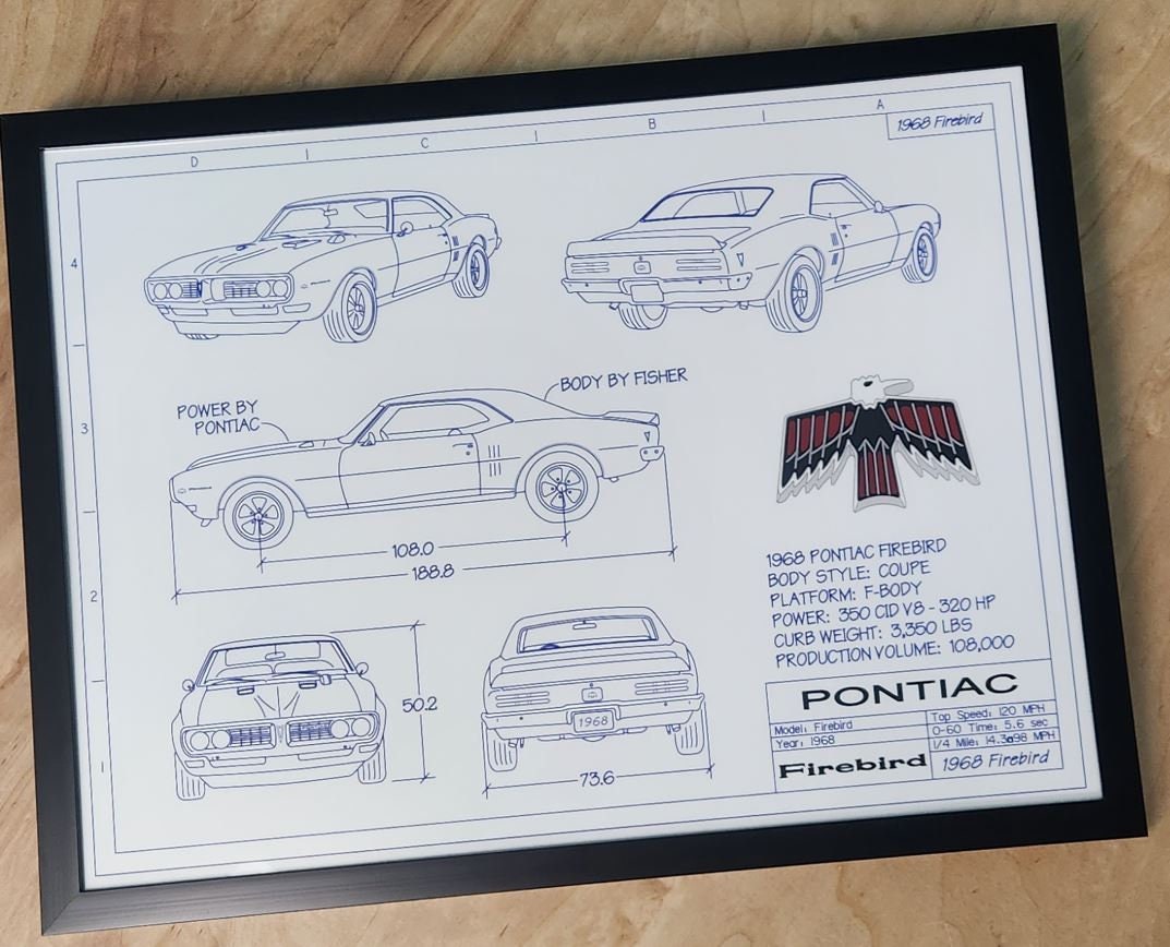 1968 Pontiac Firebird blueprint Drawing Framed - Etsy