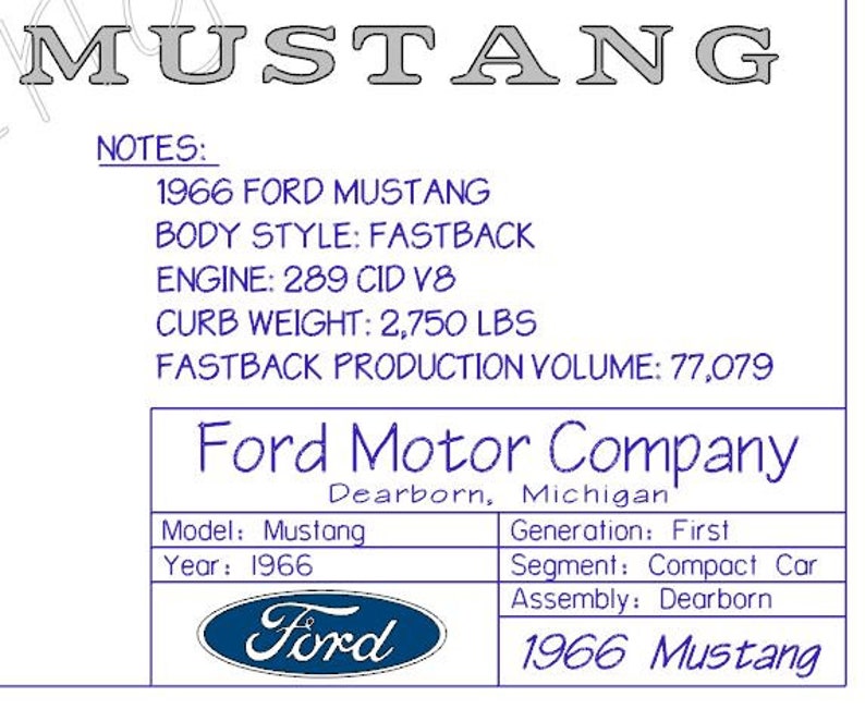 1966 Mustang Fastback "blueprint Drawing" Unframed Color Poster Print ...