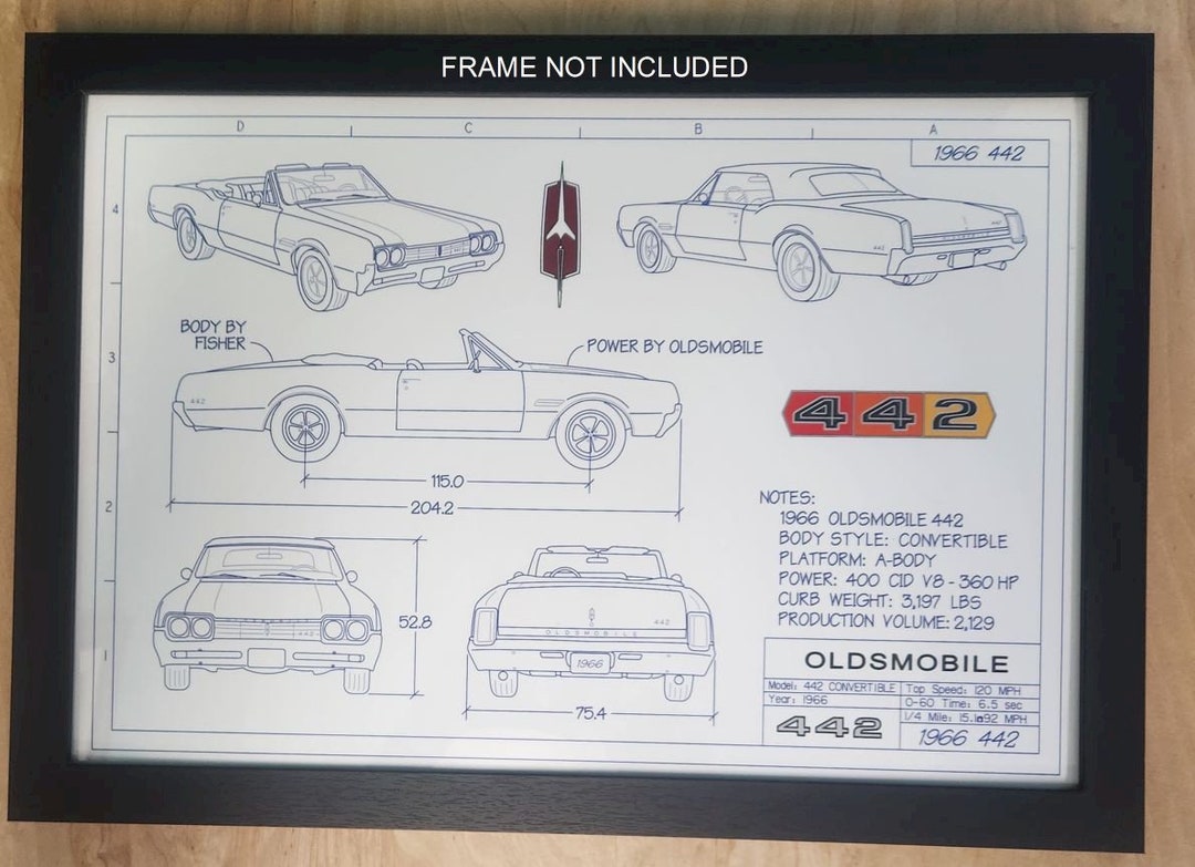 1966 Olds 442 Convertible "blueprint Drawing" Unframed Color Poster ...