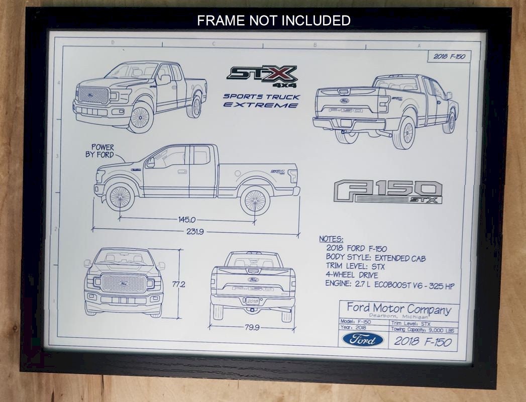 2018 Ford F-150 STX "blueprint Drawing" Unframed Color Poster Print - Etsy