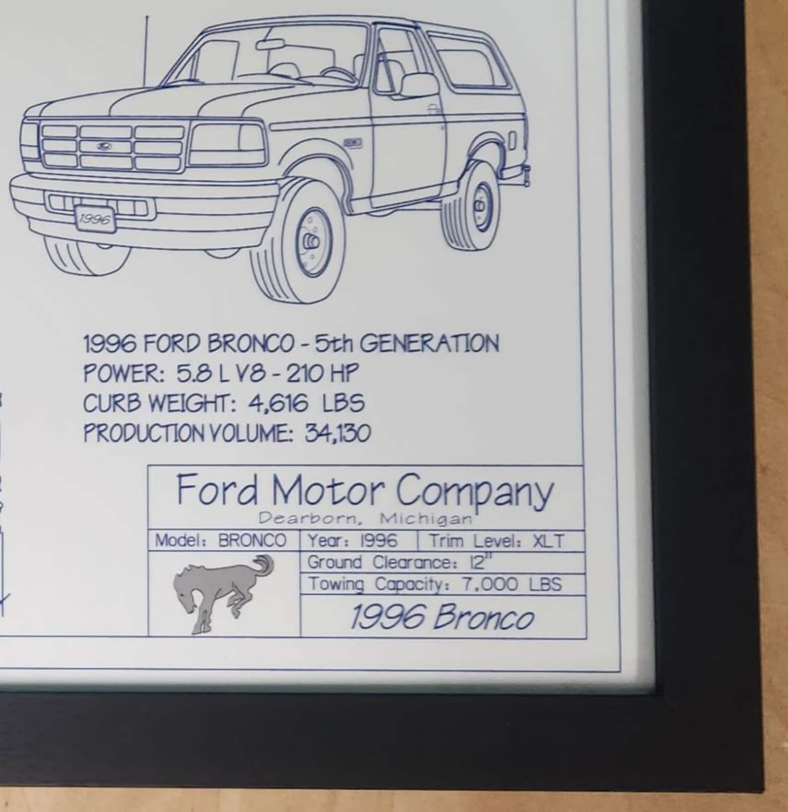 1987-1996 Ford Bronco "blueprint Drawing" Unframed Color Poster Print ...
