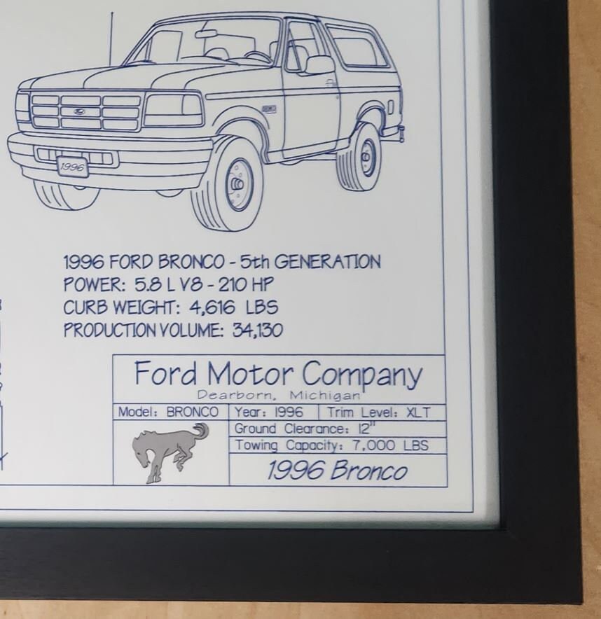 1987-1996 Ford Bronco "blueprint Drawing" Unframed Color Poster Print ...