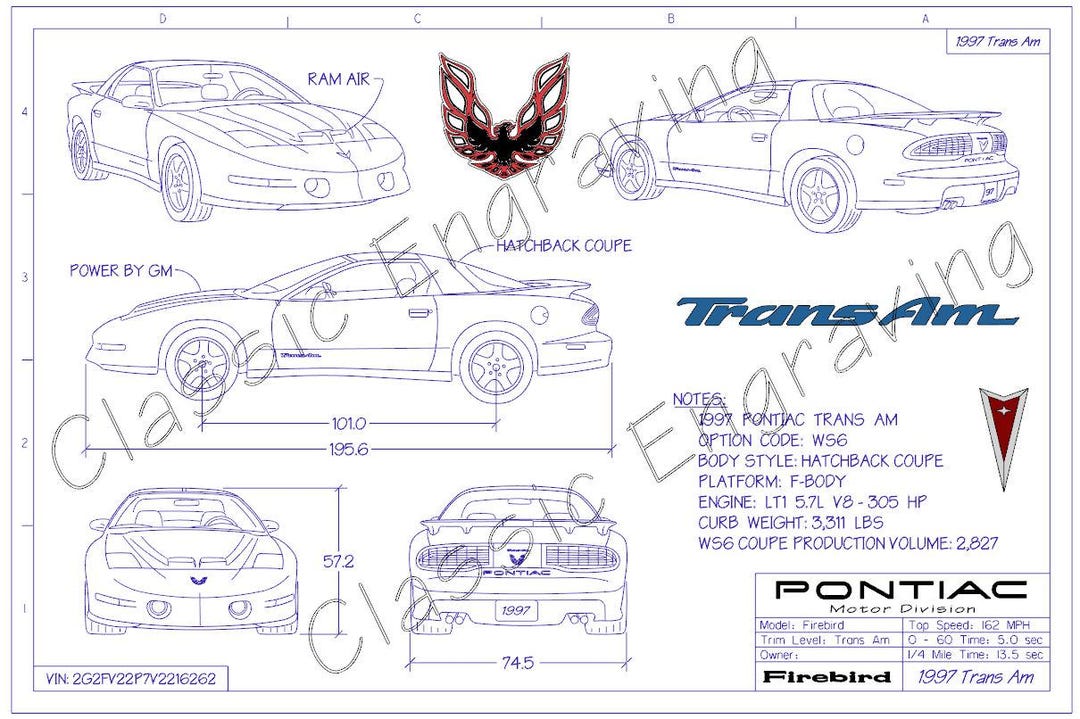 1997 Pontiac Trans Am "blueprint Drawing" Unframed Color Poster Print ...