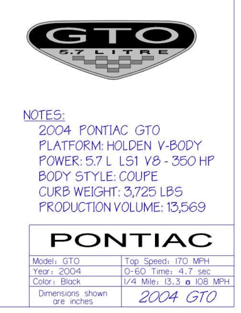2004-2005 Pontiac GTO "blueprint Drawing" Unframed Color Poster Print ...