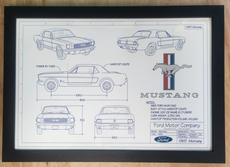 1965 Ford Mustang Coupe blueprint Drawing Unframed - Etsy
