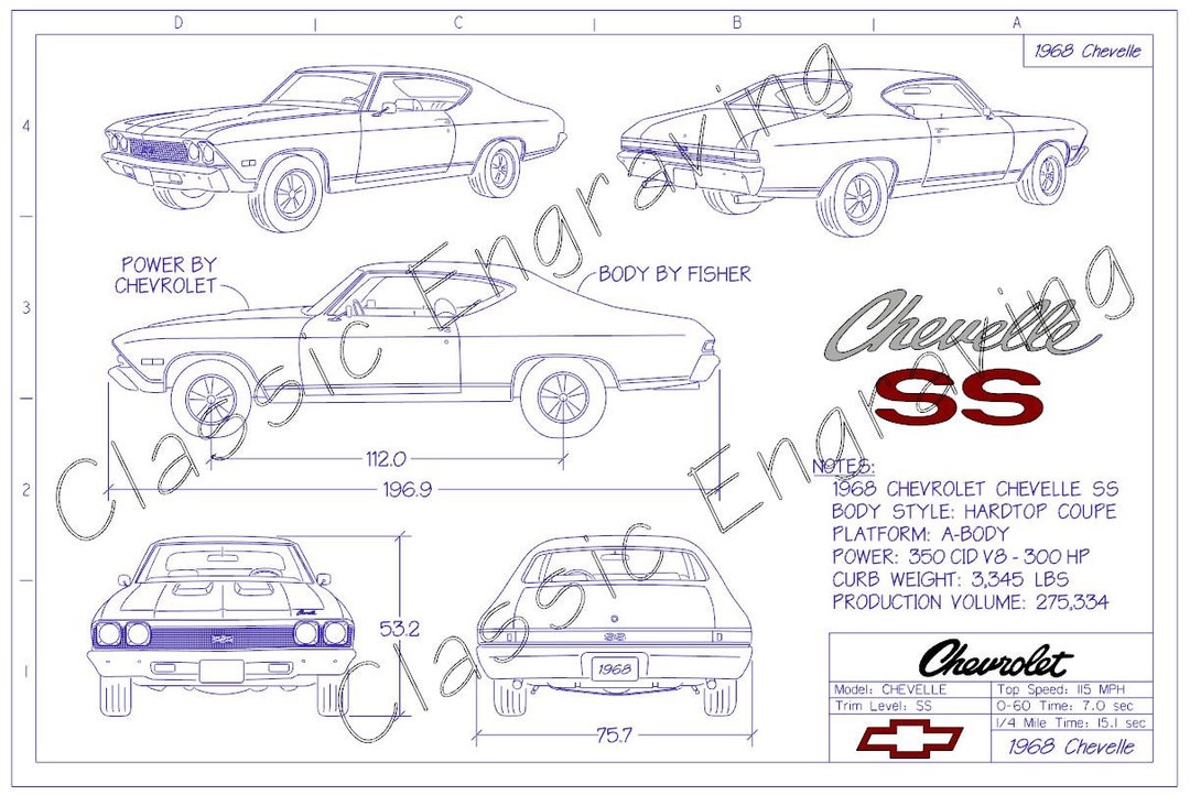 1968 Chevelle SS "blueprint Drawing" Unframed Color Poster Print - Etsy