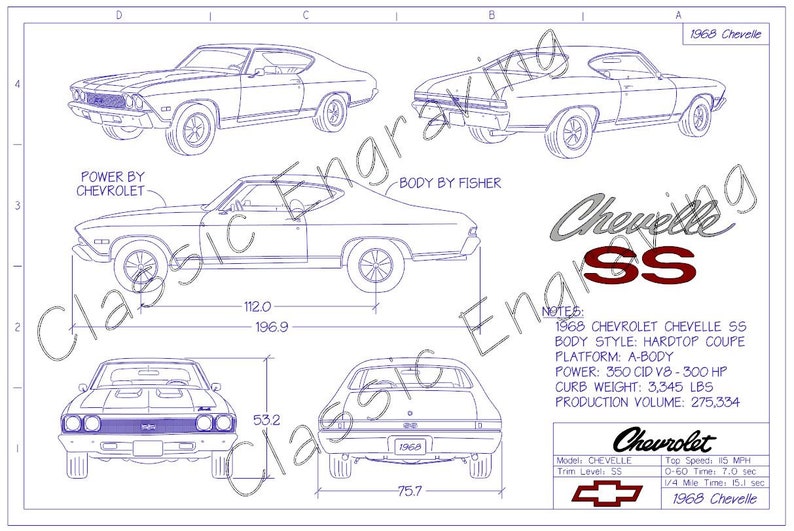 1968 Chevelle SS "blueprint Drawing" Unframed Color Poster Print - Etsy