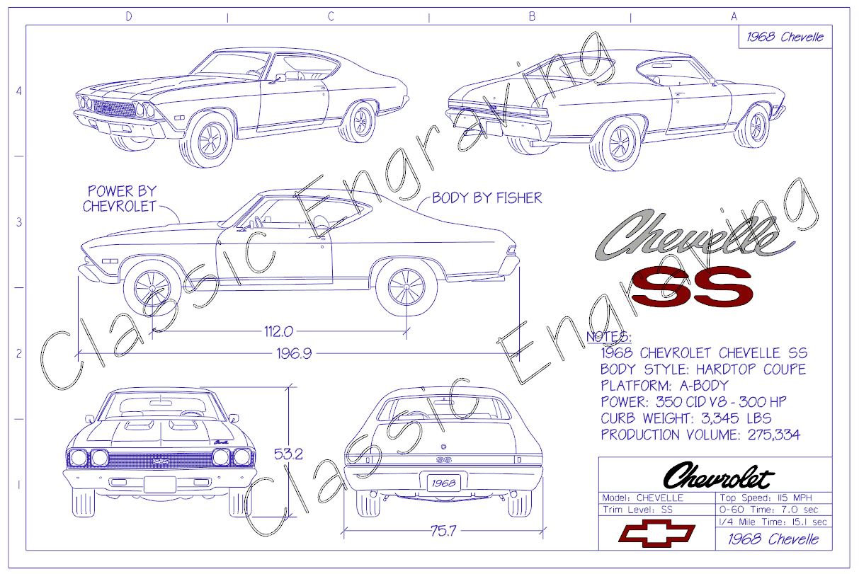 1968 Chevelle SS "blueprint Drawing" Unframed Color Poster Print - Etsy