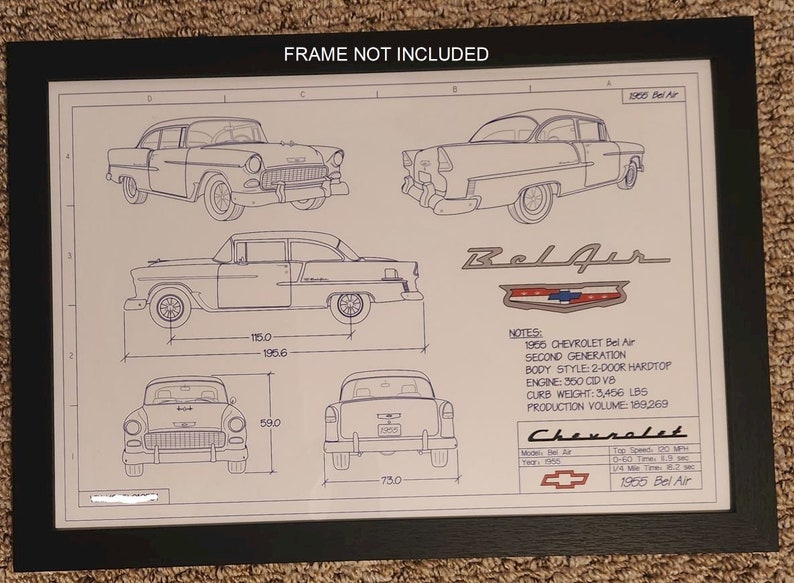 1955 Chevy Bel Air Coupe "blueprint Drawing" Unframed Color Poster ...
