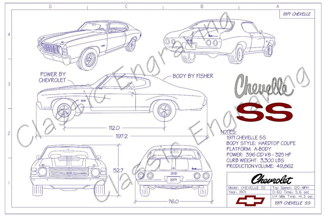 1971 Chevelle SS "blueprint Drawing" Unframed Color Poster Print - Etsy
