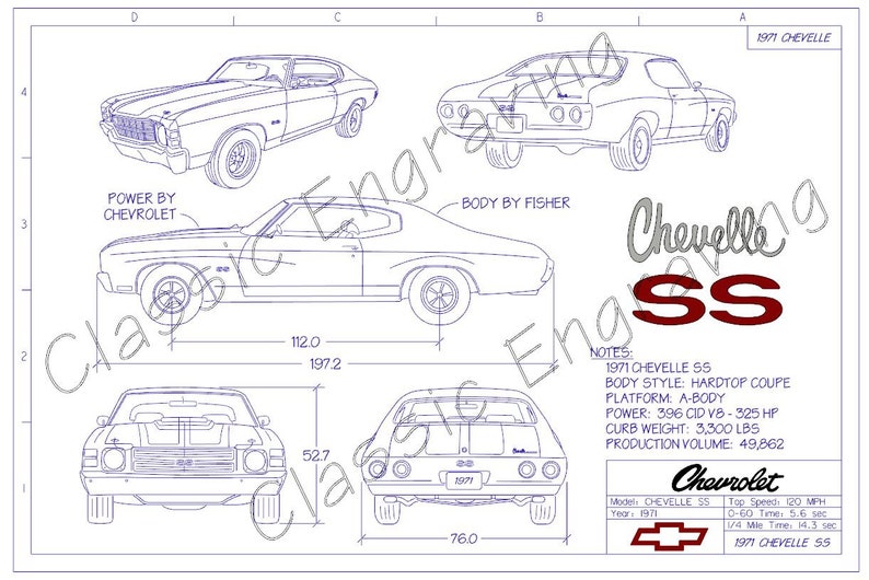 1971 Chevelle SS "blueprint Drawing" Unframed Color Poster Print - Etsy