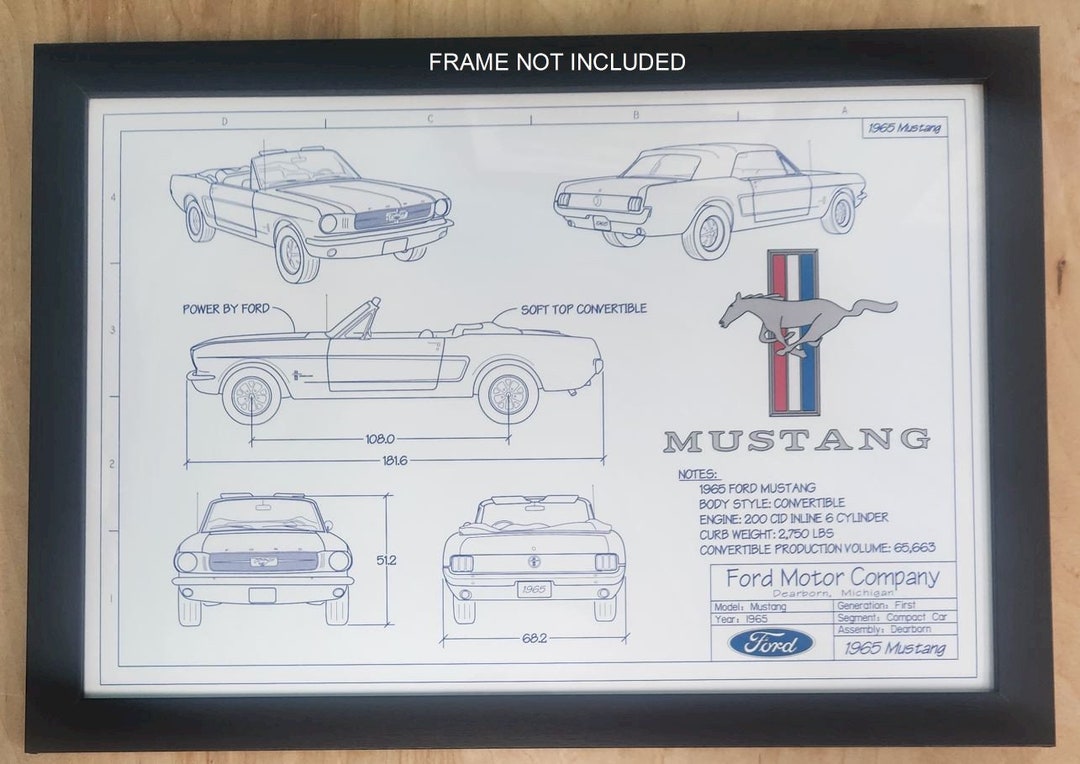 1965 Mustang Convertible "blueprint Drawing" Unframed Color Poster ...