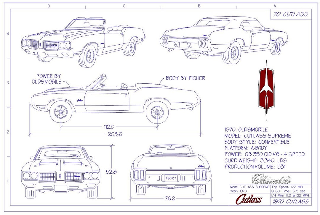 1970 Olds Cutlass Supreme Convertible blueprint Drawing Unframed Color ...