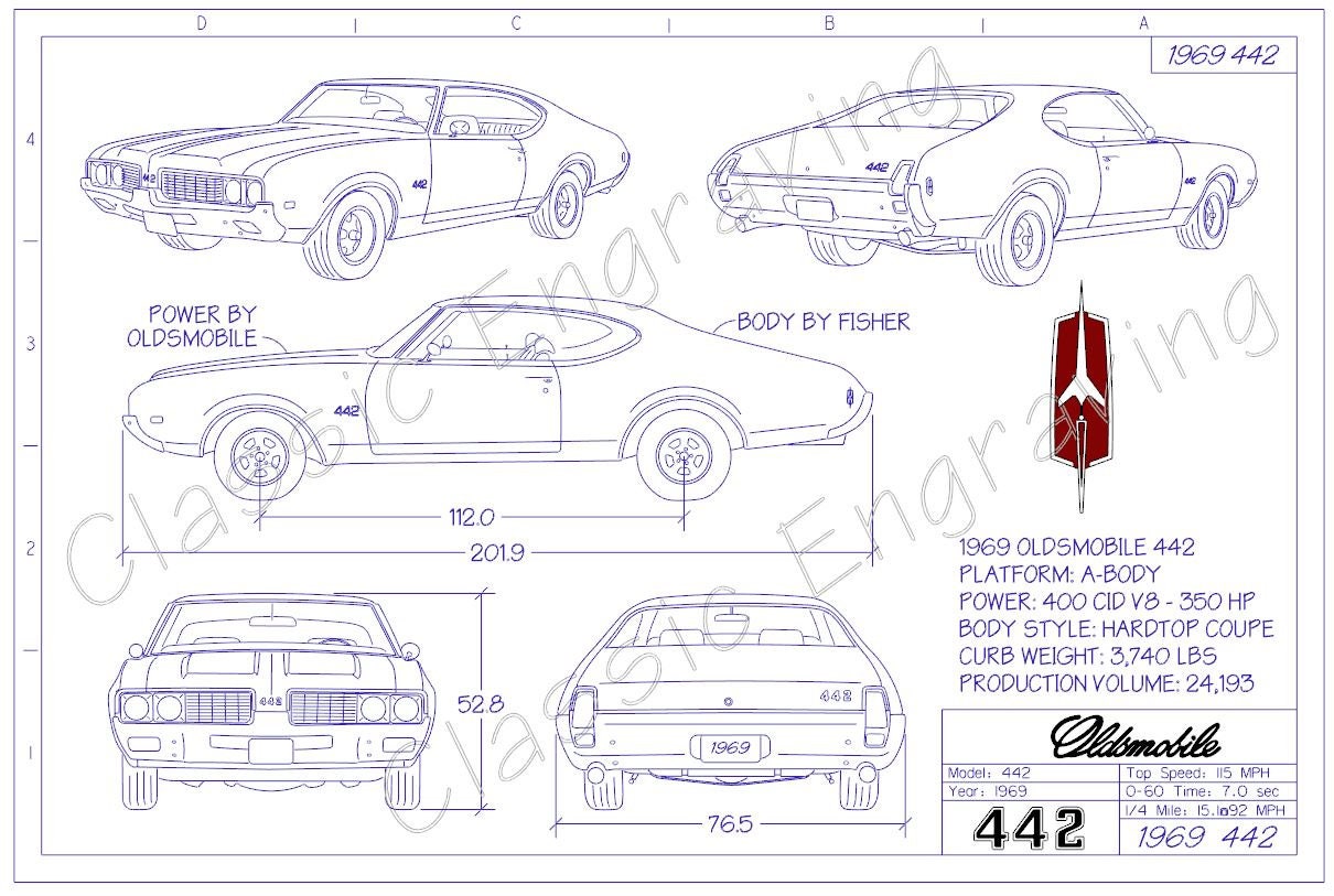 1969 Olds 442 "blueprint Drawing" Unframed Color Poster Print - Etsy