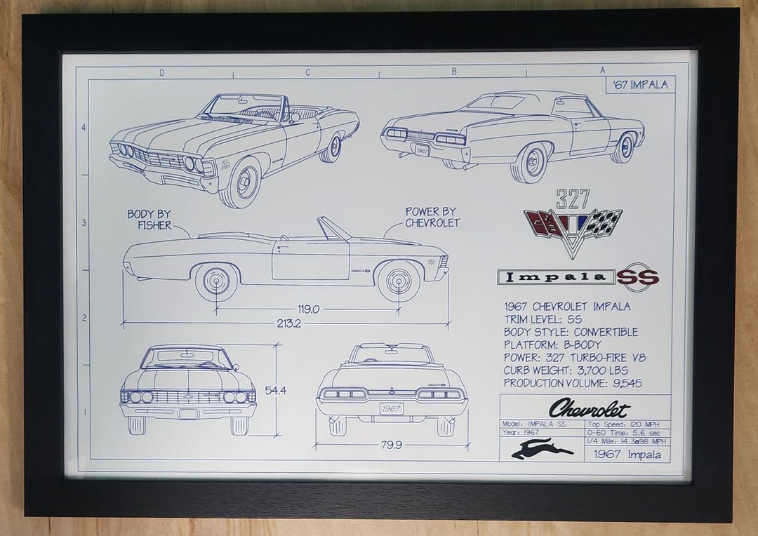 1967 Impala Convertible blueprint Drawing Framed - Etsy