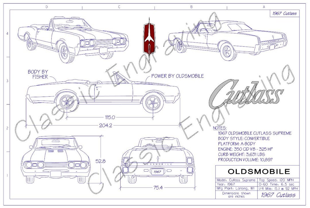1967 Olds Cutlass Convertible "blueprint" Unframed Color Poster Print ...