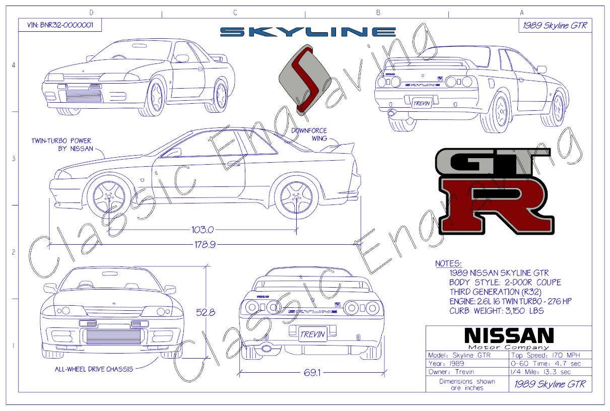 1989 Nissan Skyline GTR "blueprint Drawing" Unframed Color Poster Print ...