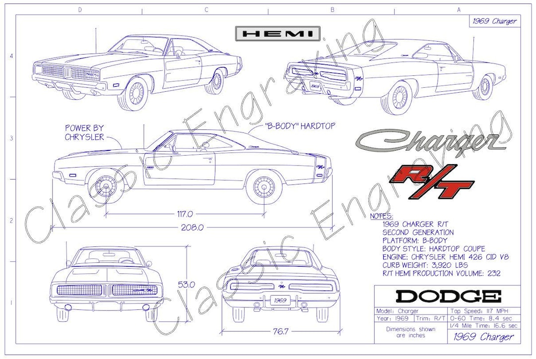1969 Dodge Charger R/T "blueprint Drawing" Unframed Color Poster Print ...