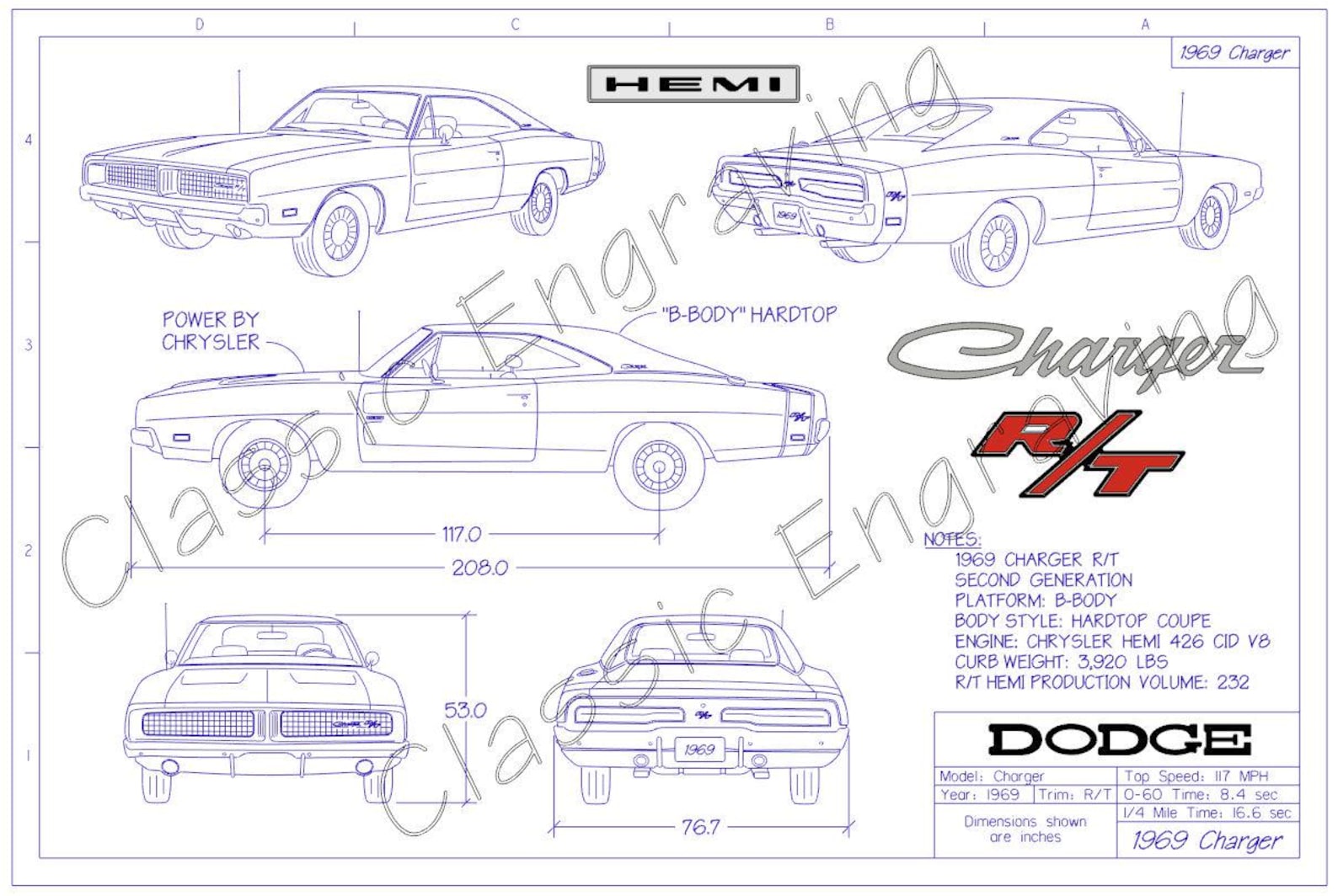 1969 Dodge Charger R/T "blueprint Drawing" Unframed Color Poster Print ...