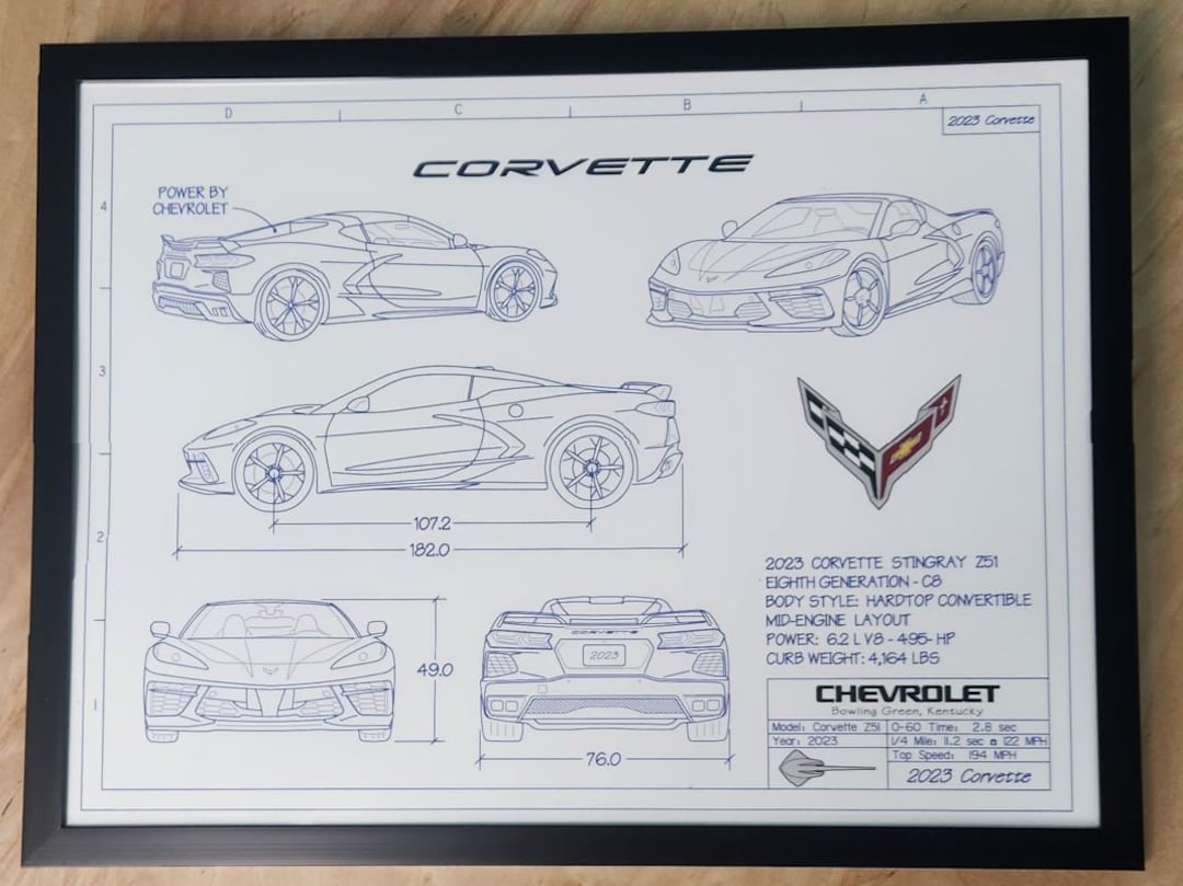 2023 Corvette Convertible blueprint Drawing Framed - Etsy