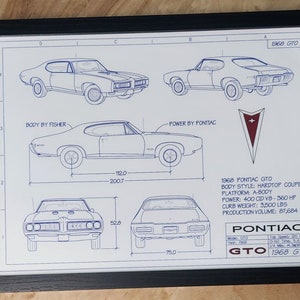 1968 Pontiac GTO blueprint Drawing Framed Color - Etsy