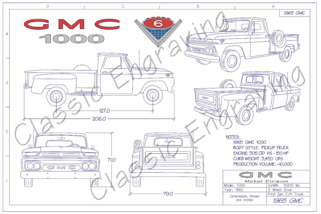 1965 GMC 1000 "blueprint Drawing" Unframed Color Poster Print - Etsy