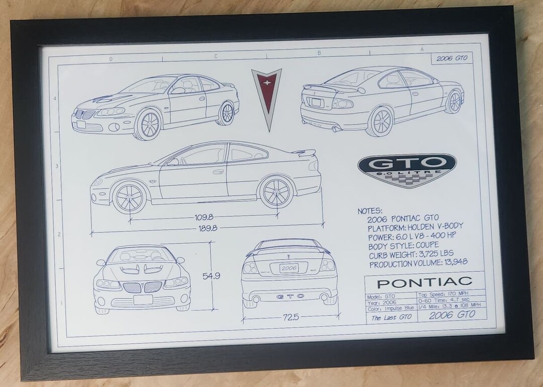 2006 Pontiac GTO blueprint Drawing Framed Color - Etsy