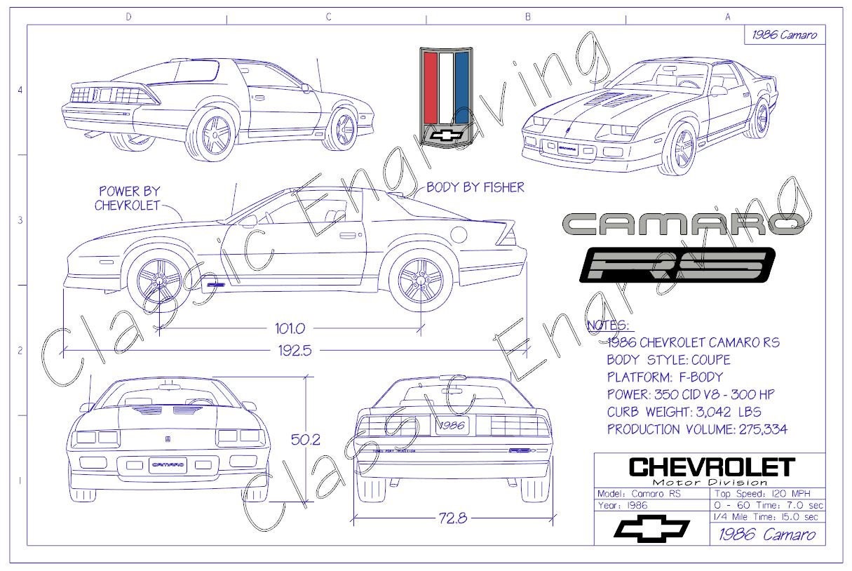 1986 Camaro RS "blueprint Drawing" Unframed Color Poster Print - Etsy