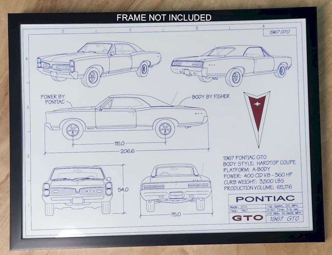 1967 Pontiac GTO "blueprint Drawing" Unframed Color Poster Print - Etsy