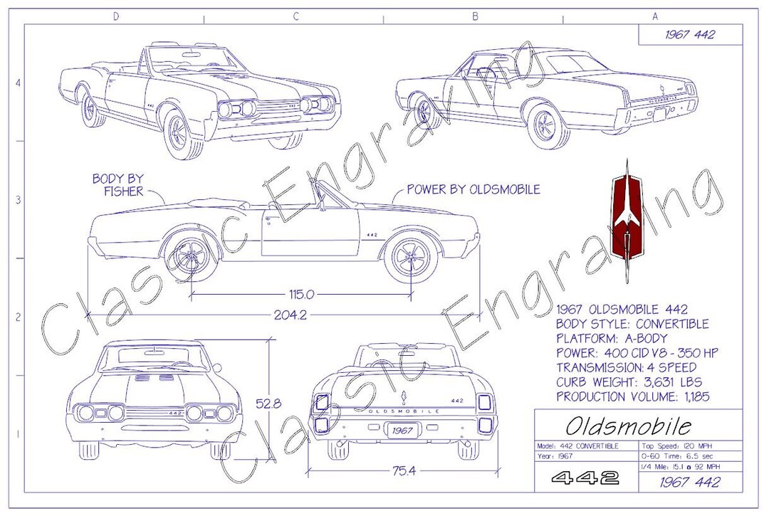 1967 Olds 442 Convertible "blueprint Drawing" Unframed Color Poster ...