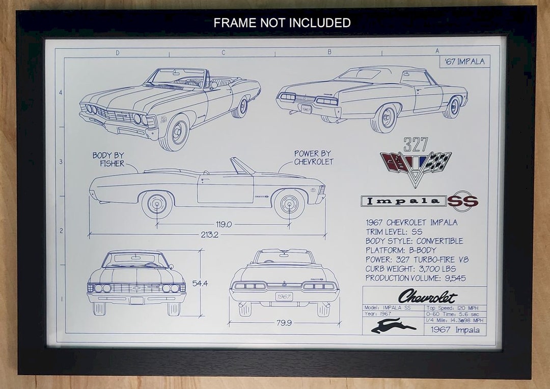 1967 Impala Convertible "blueprint Drawing" Unframed Color Poster Print ...