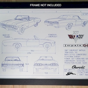 1967 Impala Convertible "blueprint Drawing" Unframed Color Poster Print ...