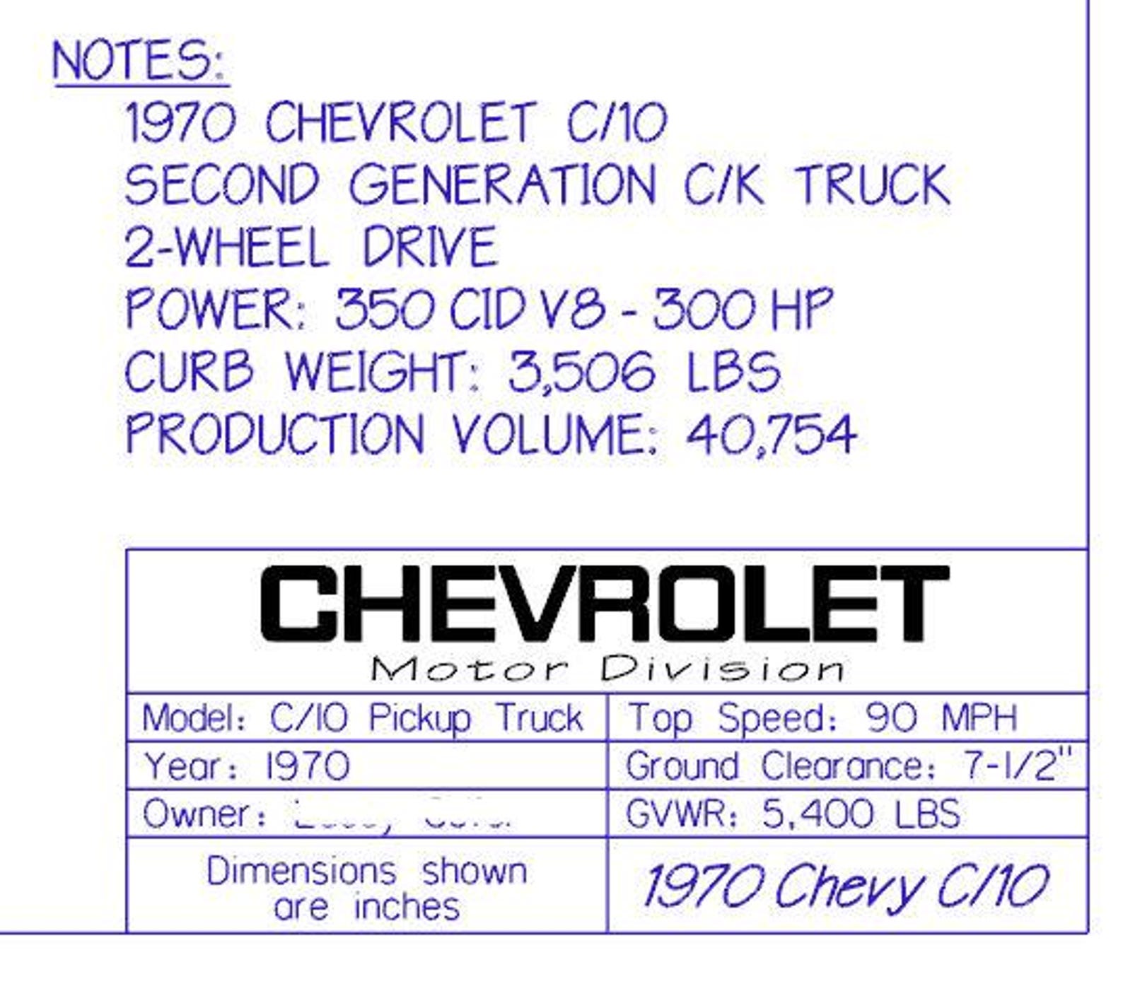 1970 Chevy C/10 Truck "blueprint Drawing" Unframed Color Poster Print ...