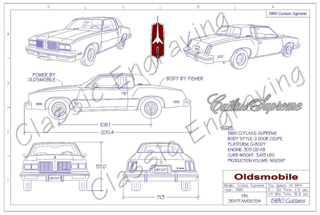 1980 Olds Cutlass Supreme "blueprint Drawing" Unframed Color Poster ...